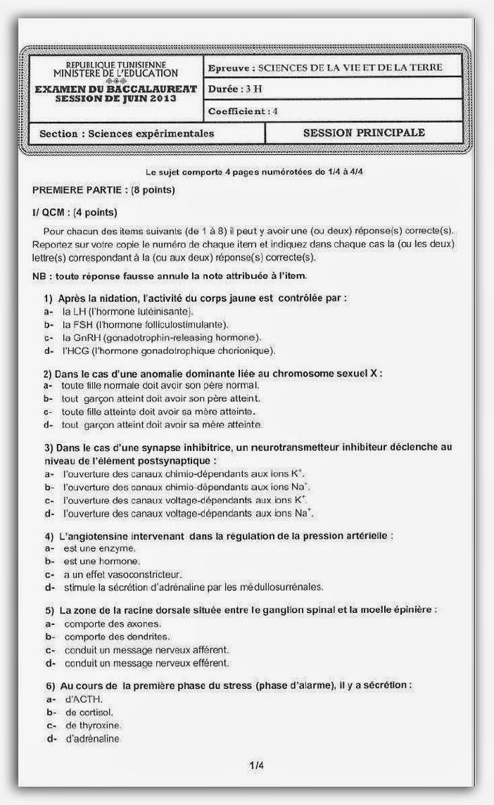bac science 2013 session principale science experimentale+corrigés ...