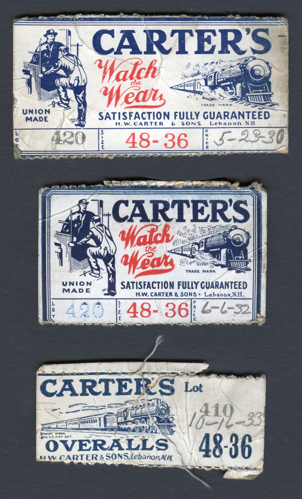 Union-Made: Early 1930s Carter's Overalls Waistband Size Tags