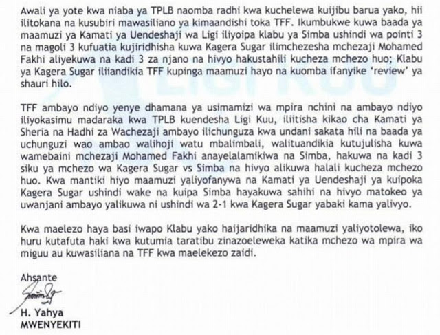 BARUA RASMI KUTOKA TFF KUHUSU SAKATA LA POINTI 3 KATI YA KAGER SUGAR NA ...