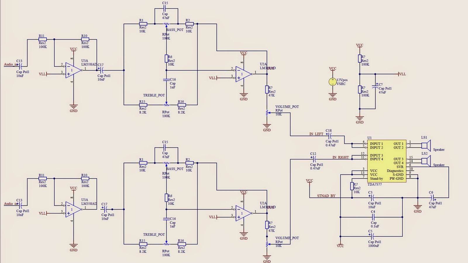 Electronics: TDA7377 audio amplifier with baxandall tone control