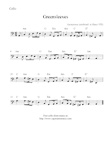 Easy Sheet Music For Beginners: Greensleeves, free cello sheet music notes