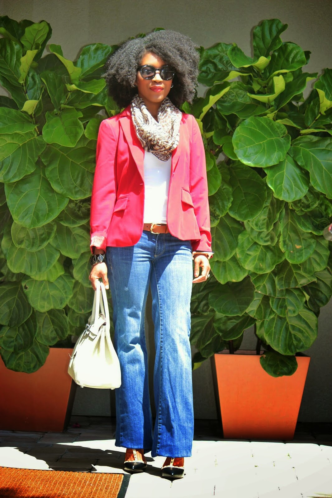 Jeans Lookbook Look 6: Red Blazer+Wide Leg Jeans+Studded Heels ...