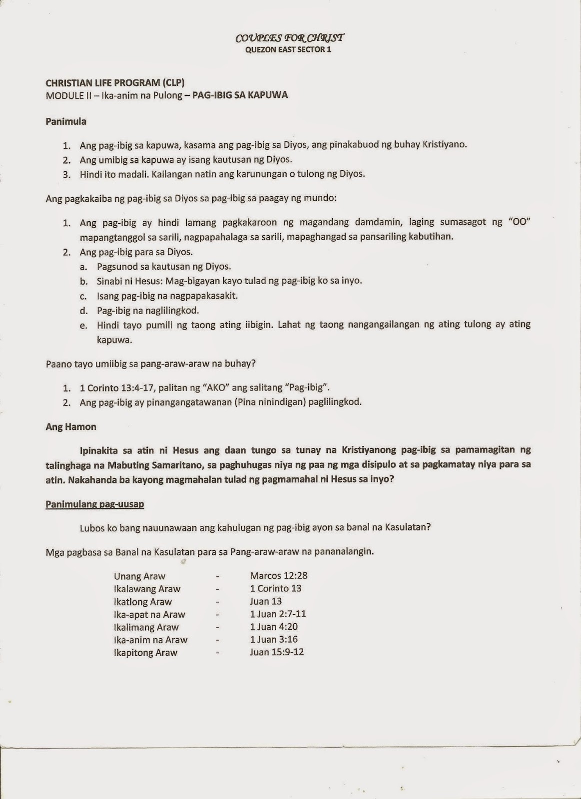 COUPLES FOR CHRIST- RIN CLUSTER : CLP Participants Handouts (Tagalog ...