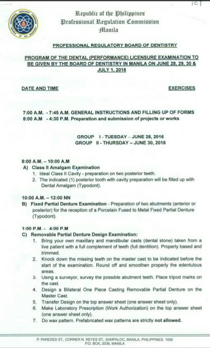 Guidelines for June 2016 Practical Examinations ~ Dentist Board Exam ...