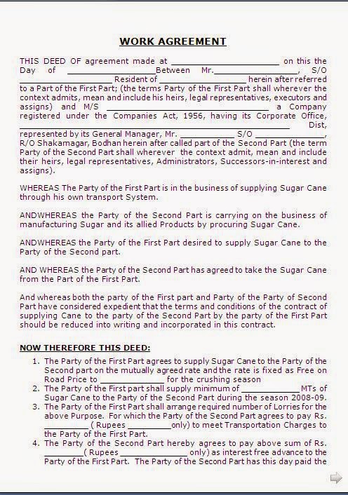 Work Contract Agreement Format in India