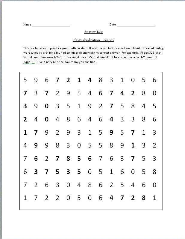 All Free Worksheets : Multiplication search 7's