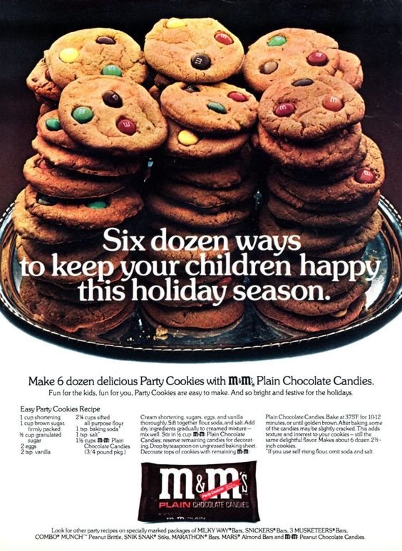 Dying for Chocolate: M&Ms CHRISTMAS PARTY COOKIES: Retro Ad & Recipe