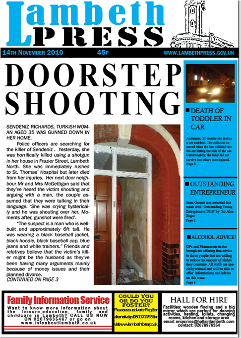 Lambeth Press Local Newspaper: Lambeth Press Local Newspaper (front page)