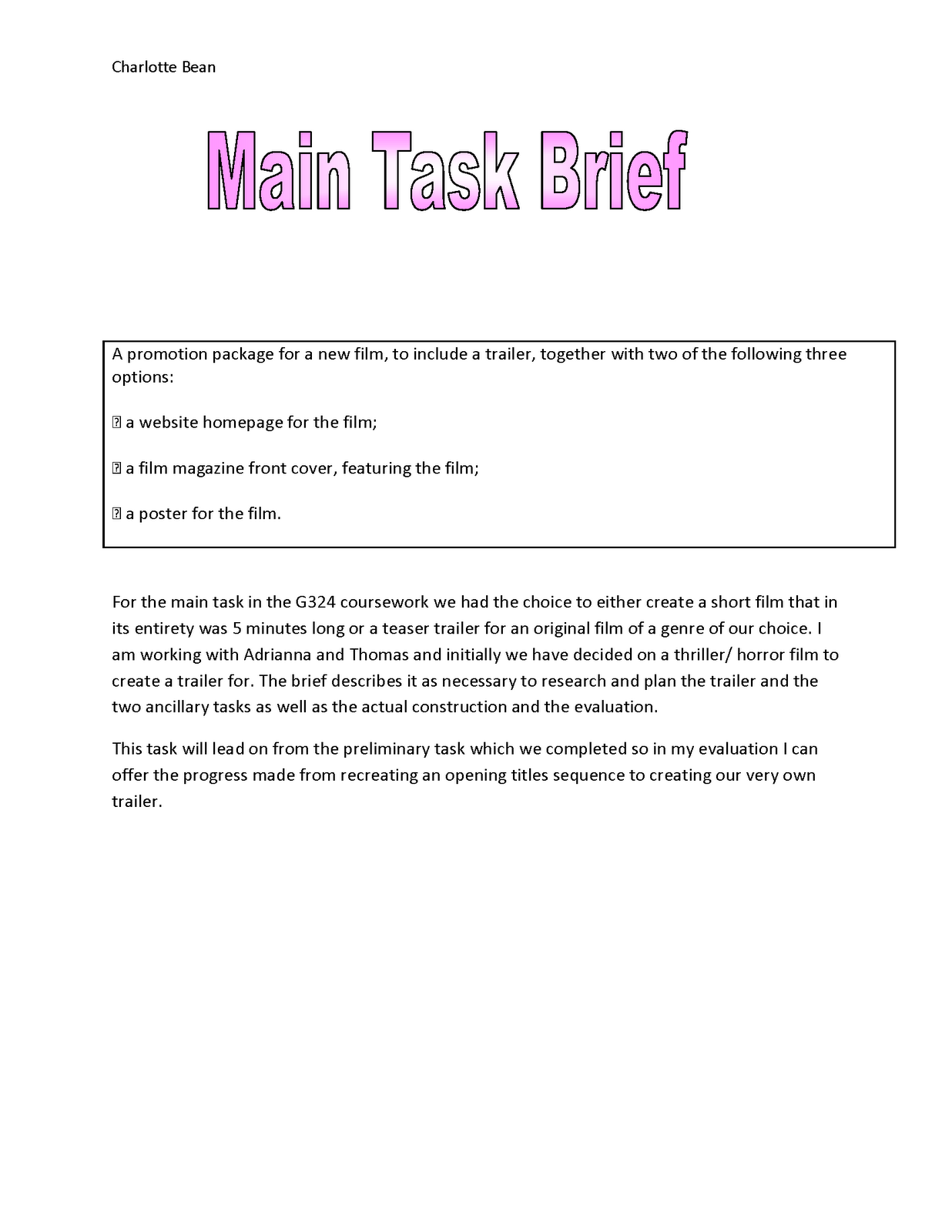 Charlotte's A2 Media Blog: Main Task Brief