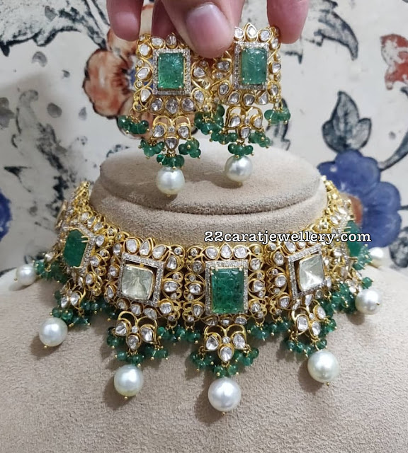 Curved Diamond Emerald Sets Studs - Jewellery Designs