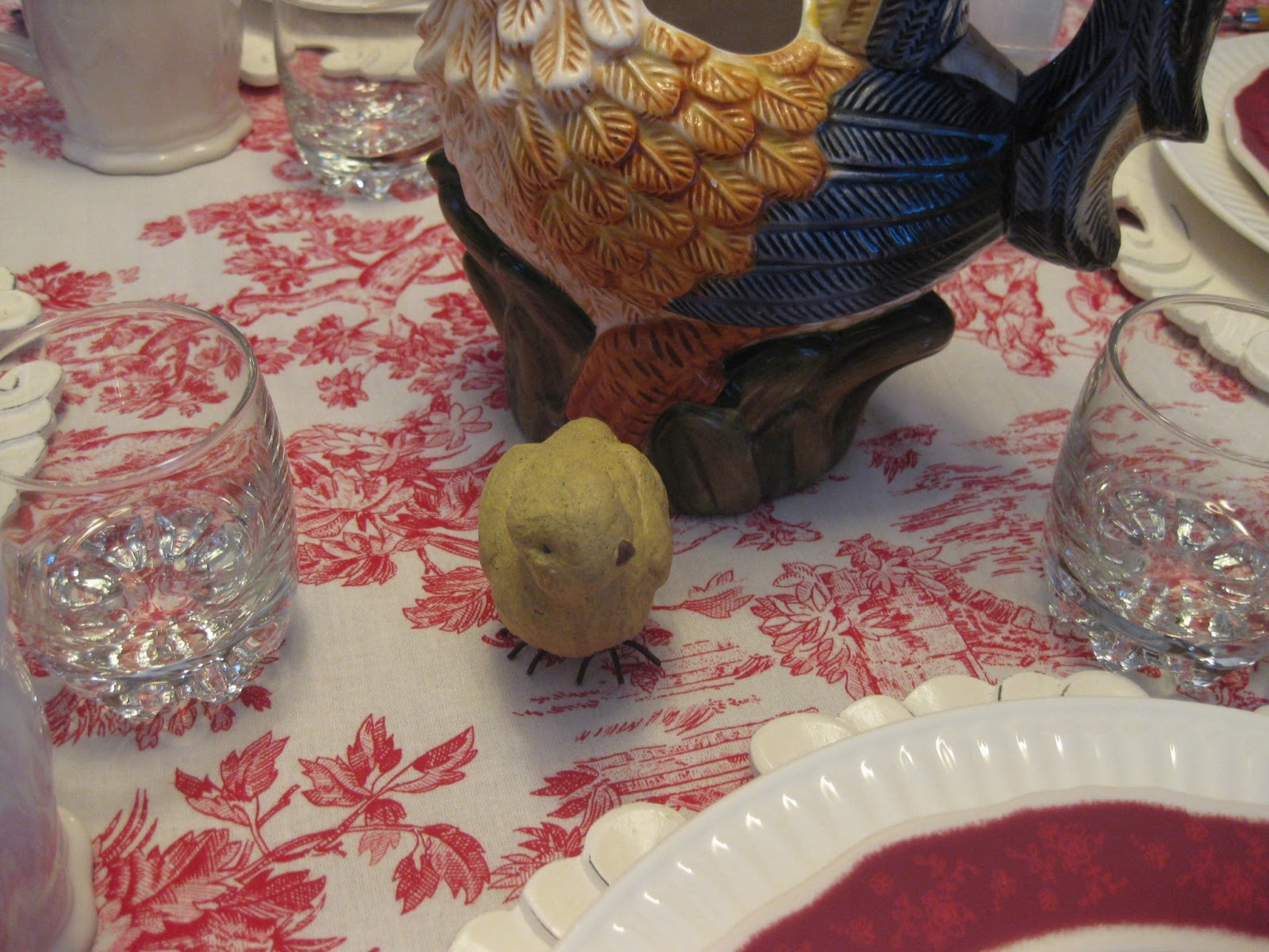 Mid-Atlantic Martha: Roosters, red and toile tablescape