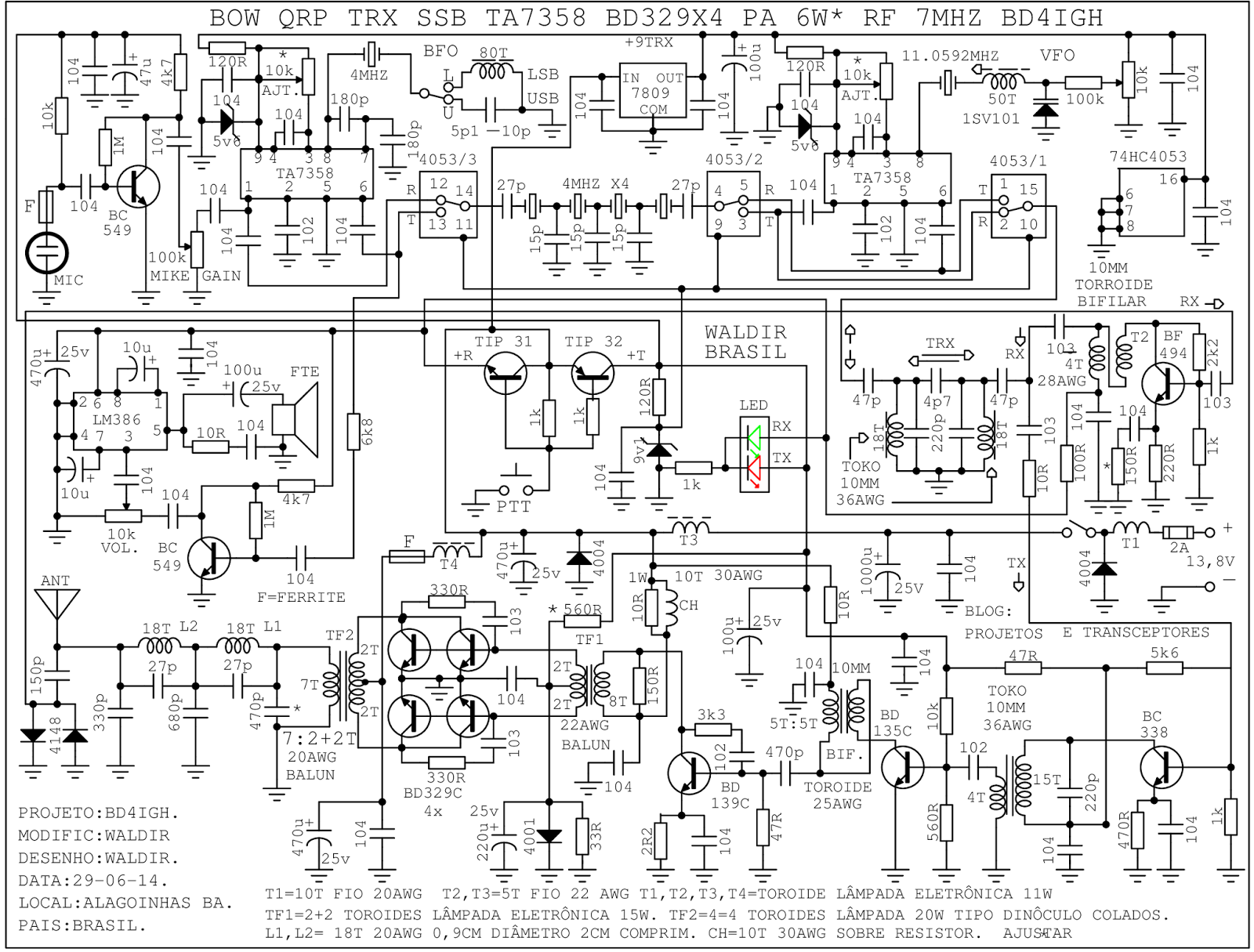 Projetos e Transceptores.: TRANSCEPTOR QRP SSB TA 7358 NE 612 BD4IGH