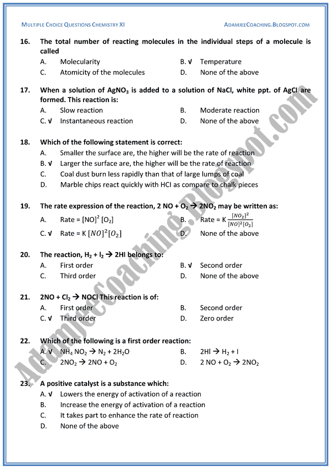 Adamjee Coaching: XI Chemistry MCQs - Introduction To Chemical Kinetics