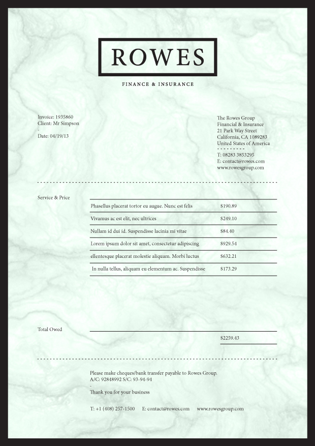design practice: Rowes: Invoice and Envelope