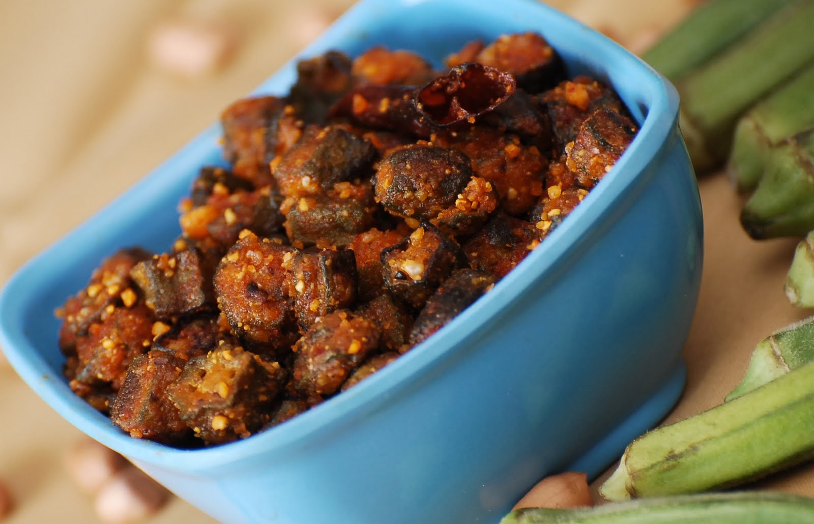 Bendakaya Pappula Vepudu ~ Okra Fry with Spicy Dalia Powder - Blend ...