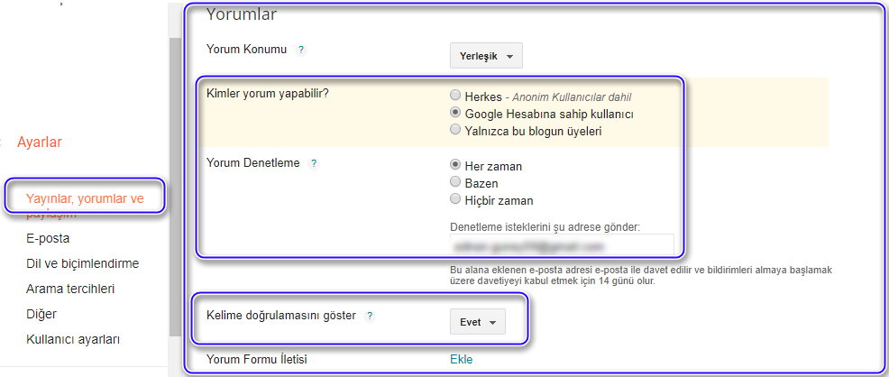 Blogger, Yayınlar yorumlar ve paylaşım ayarları - Guney59 Paylaşım