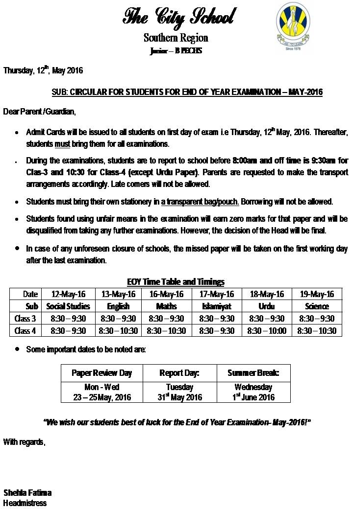 The City School: Circular for Students (Eng of Year Examination - 2016)