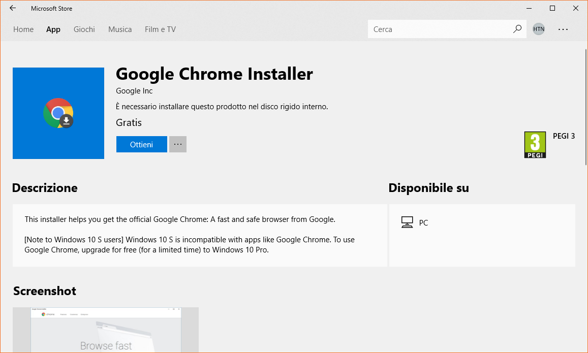 Google Chrome Installer disponibile nel Microsoft Store
