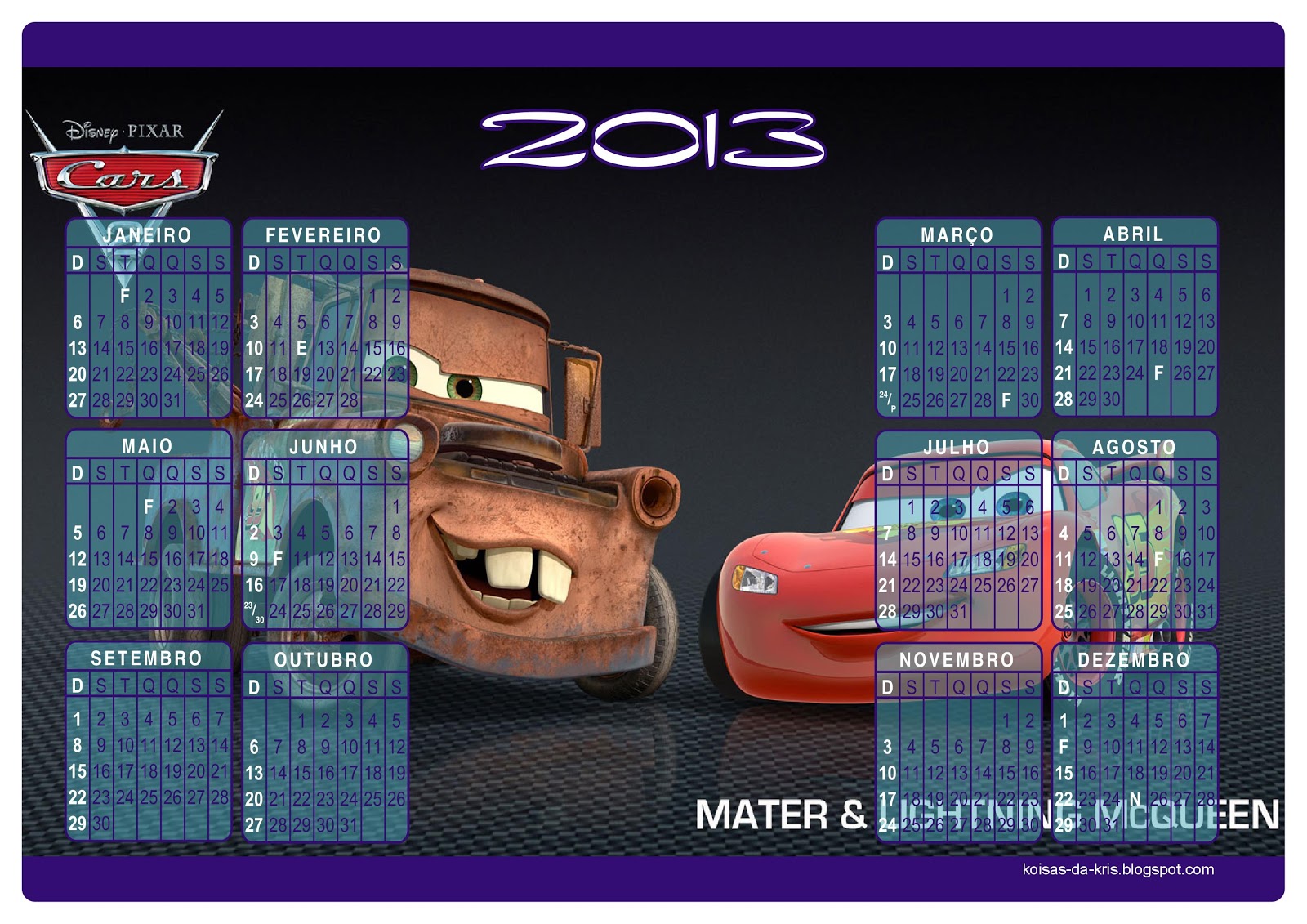 Koisas da Kris: Calendários 2013 A4 grátis - Carros