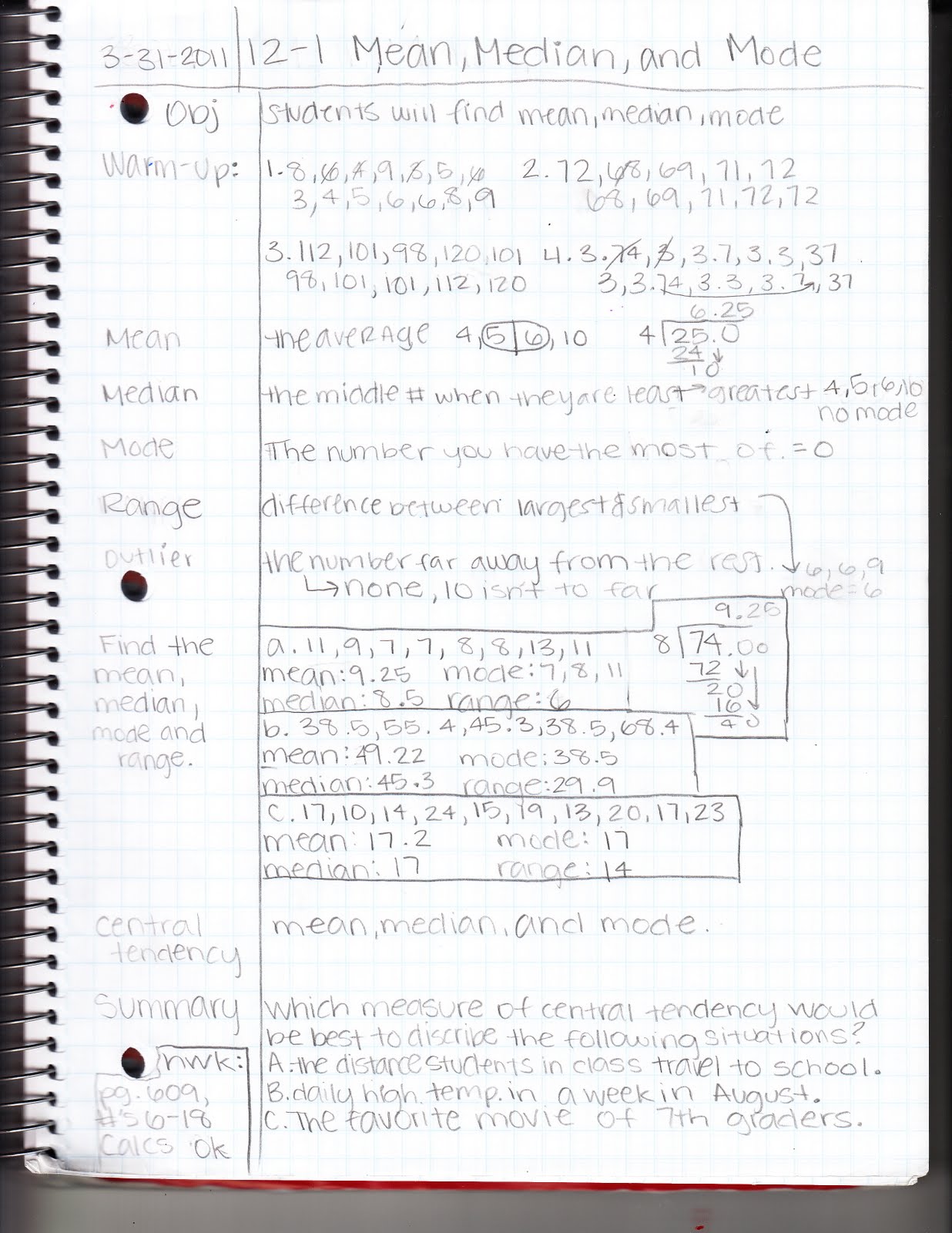 Ms. Jean's Classroom Blog: 12-1 Mean, Median, Mode