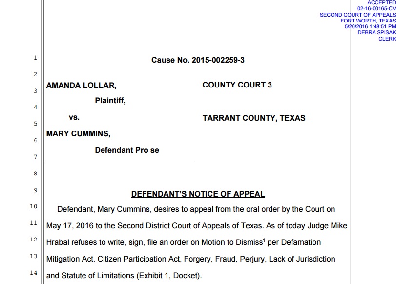 Mary Cummins, Amanda Lollar Texas lawsuit 2015-00259-3 - Judge Mike ...