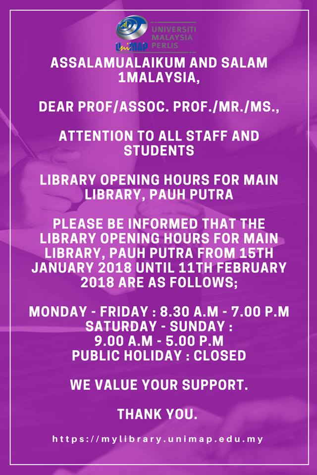 UniMAP Library: Library Opening Hours