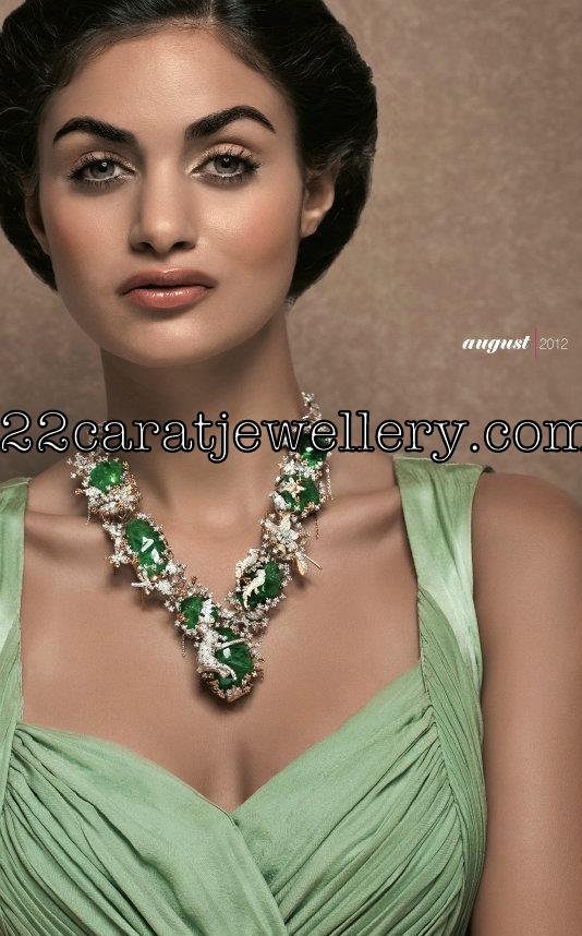 Square Shape Emeralds and Curved Diamonds Necklace - Jewellery Designs