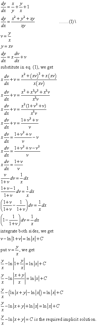 Differential Equations Solved Examples: dy/dx = x/y + y/x +1