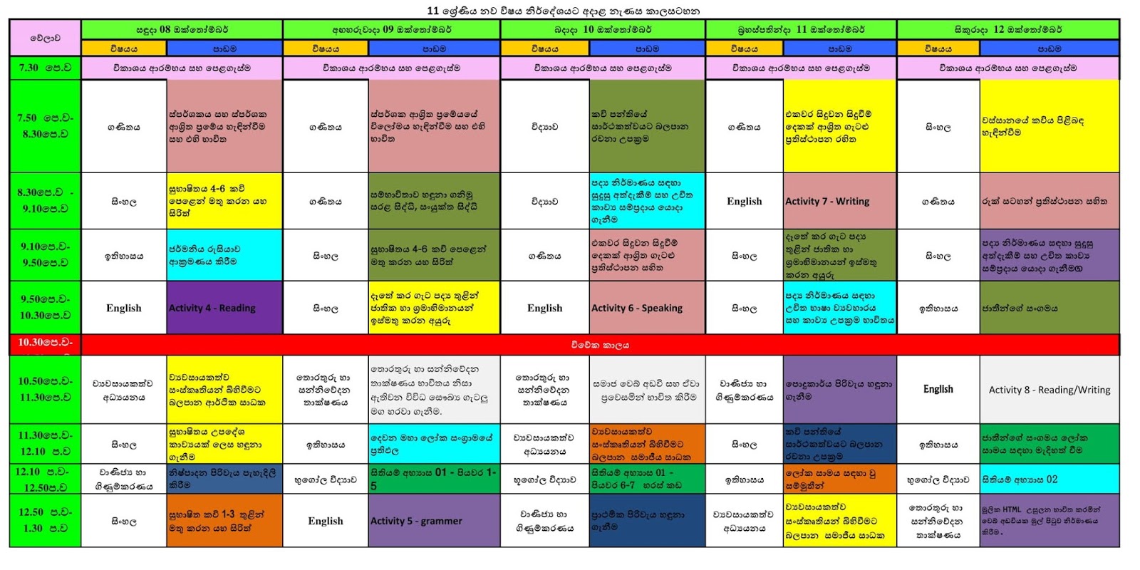 Nenasa Time Table for Grade 10 and 11 ( Oct 08 - Oct 12) - Teacher