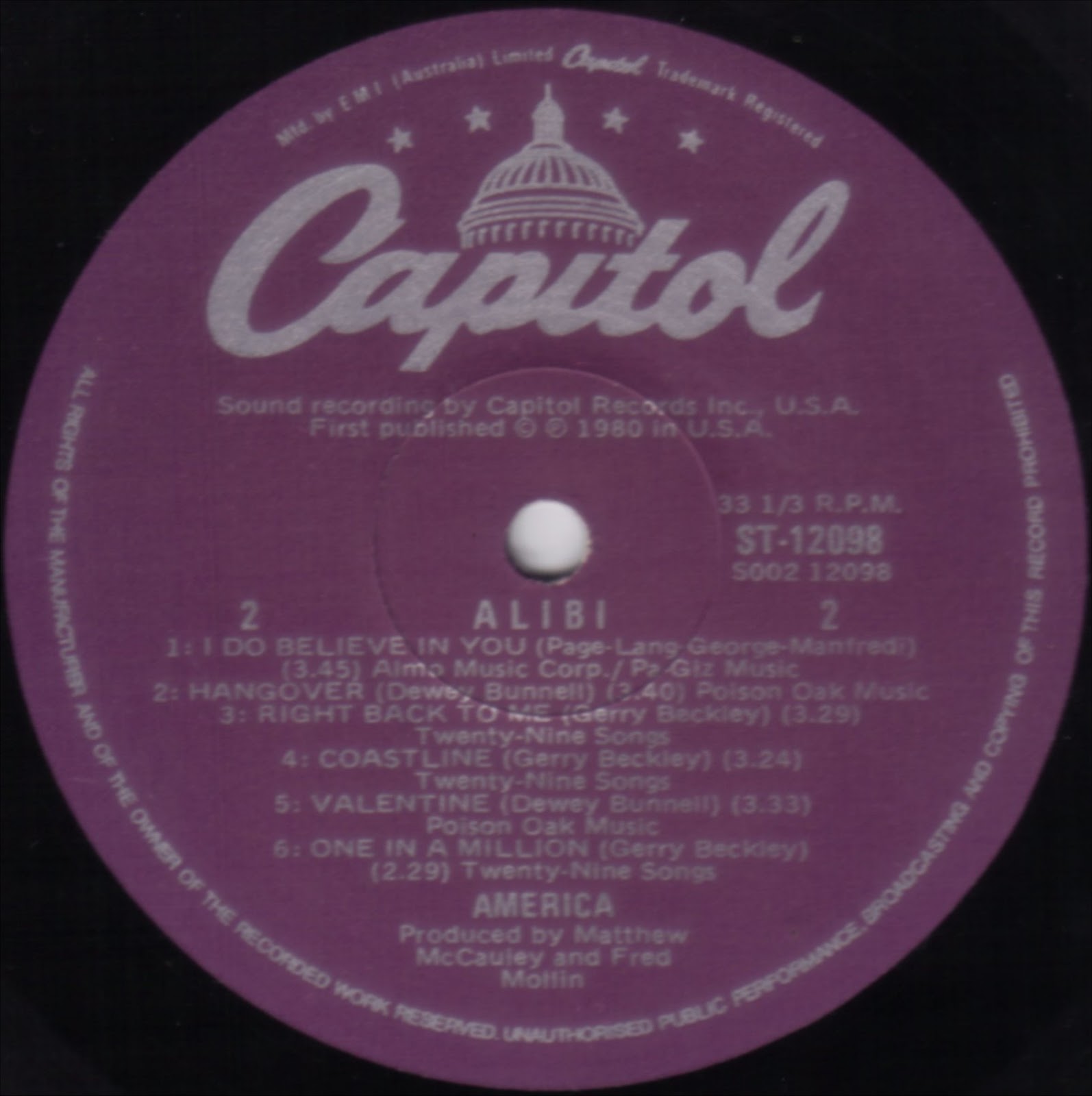 Rock On Vinyl: America - Alibi (1980)