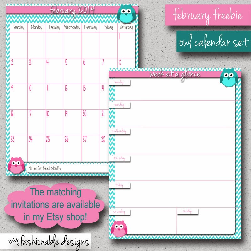 My Fashionable Designs: February Freebie: Owl Calendar Set