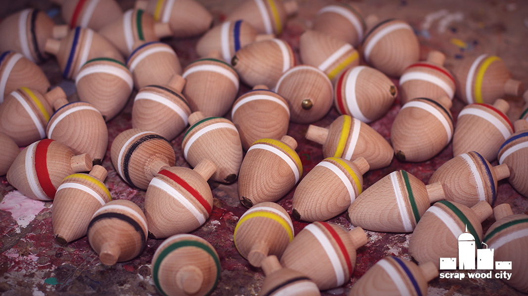 scrap wood city: Making 50 wooden spinning tops for a good cause