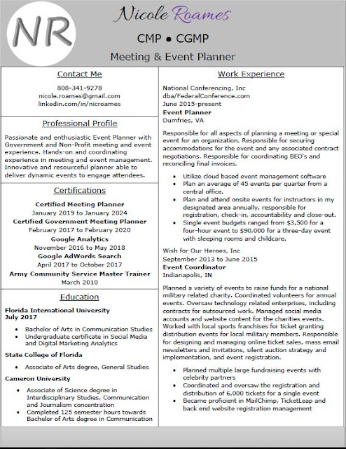 Nicole Roames, CMP, CGMP Resume: Resume