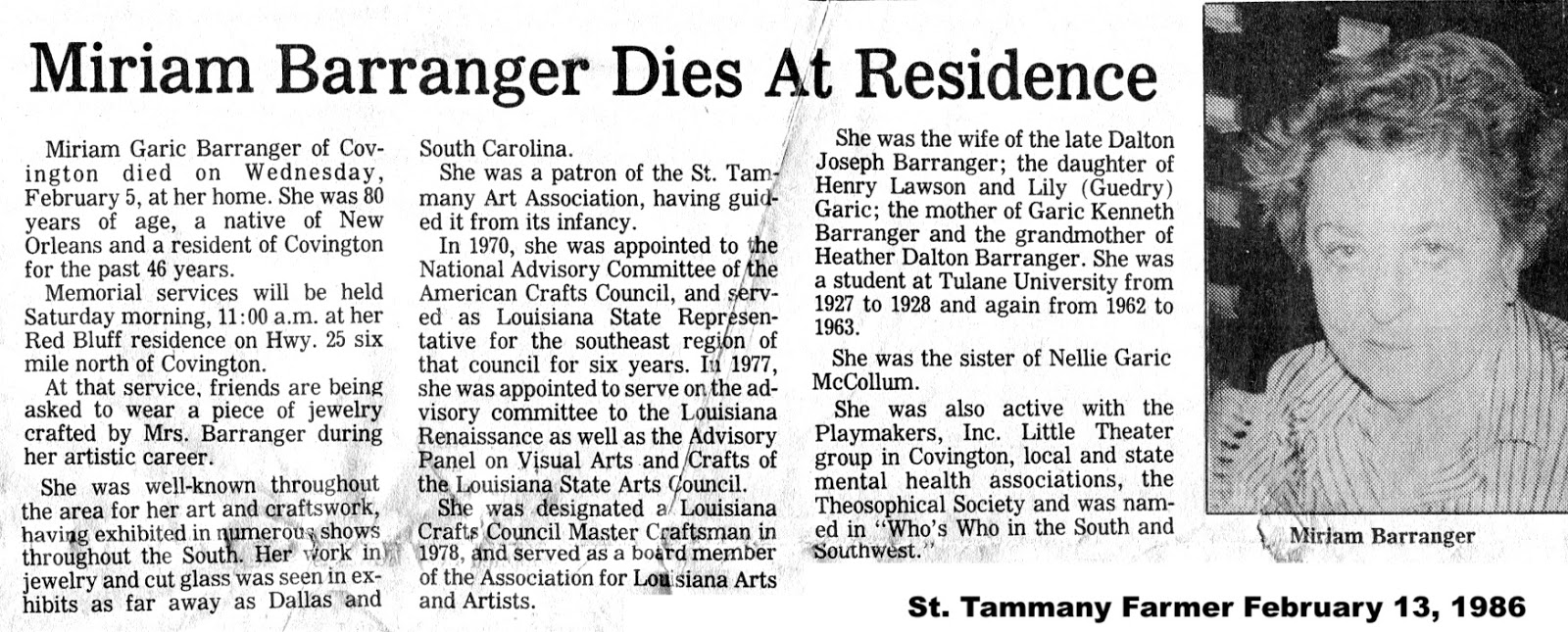 Tammany Family: Mrs. Miriam Barranger, Artist