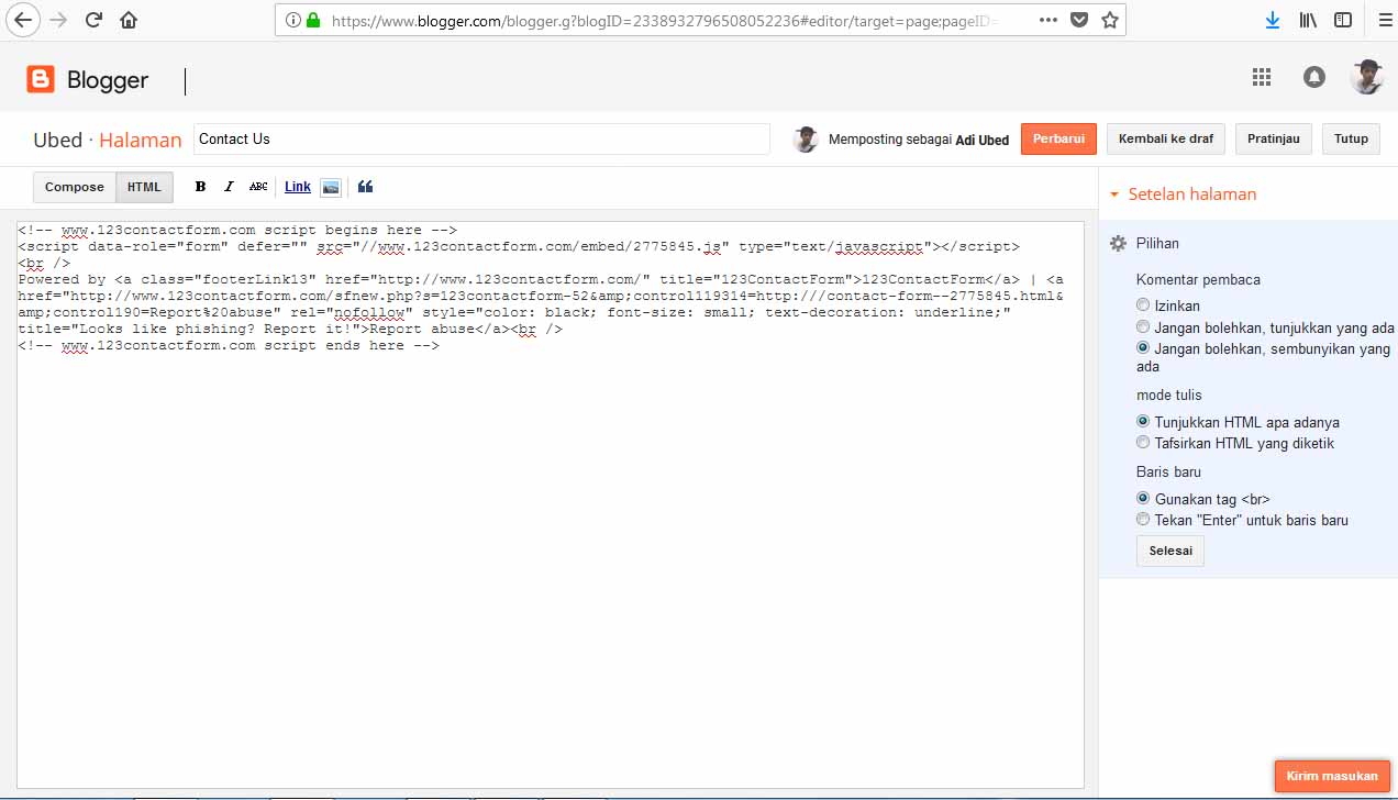 Cara membuat kolom Contact Us / Hubungi kami pada Blog - Ubed