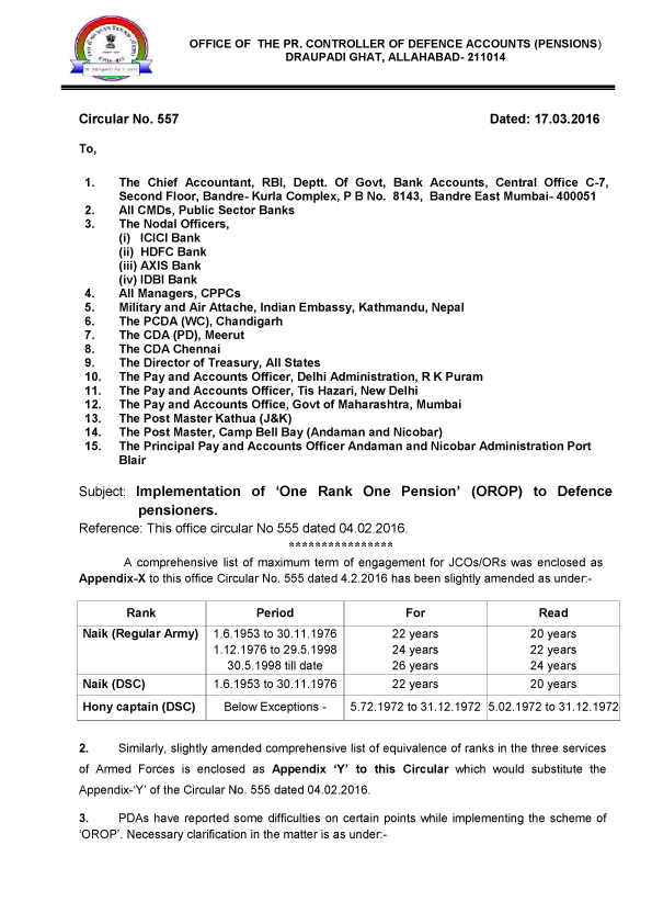 Implementation of ‘One Rank One Pension’ (OROP) to Defence pensioners ...