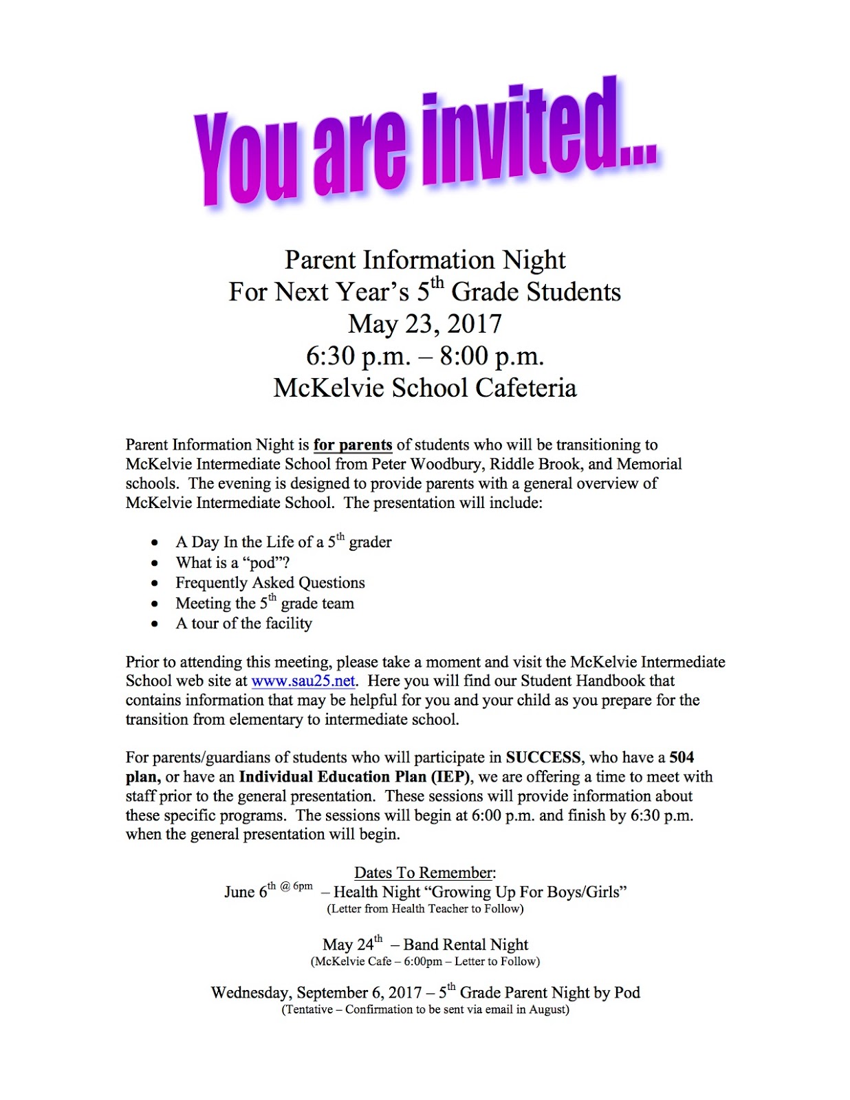 Parent Info Night for Next Year's 5th Graders