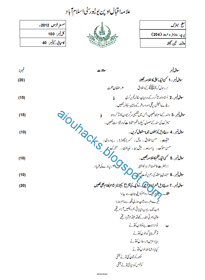 Matric Urdu 204 Past Papers