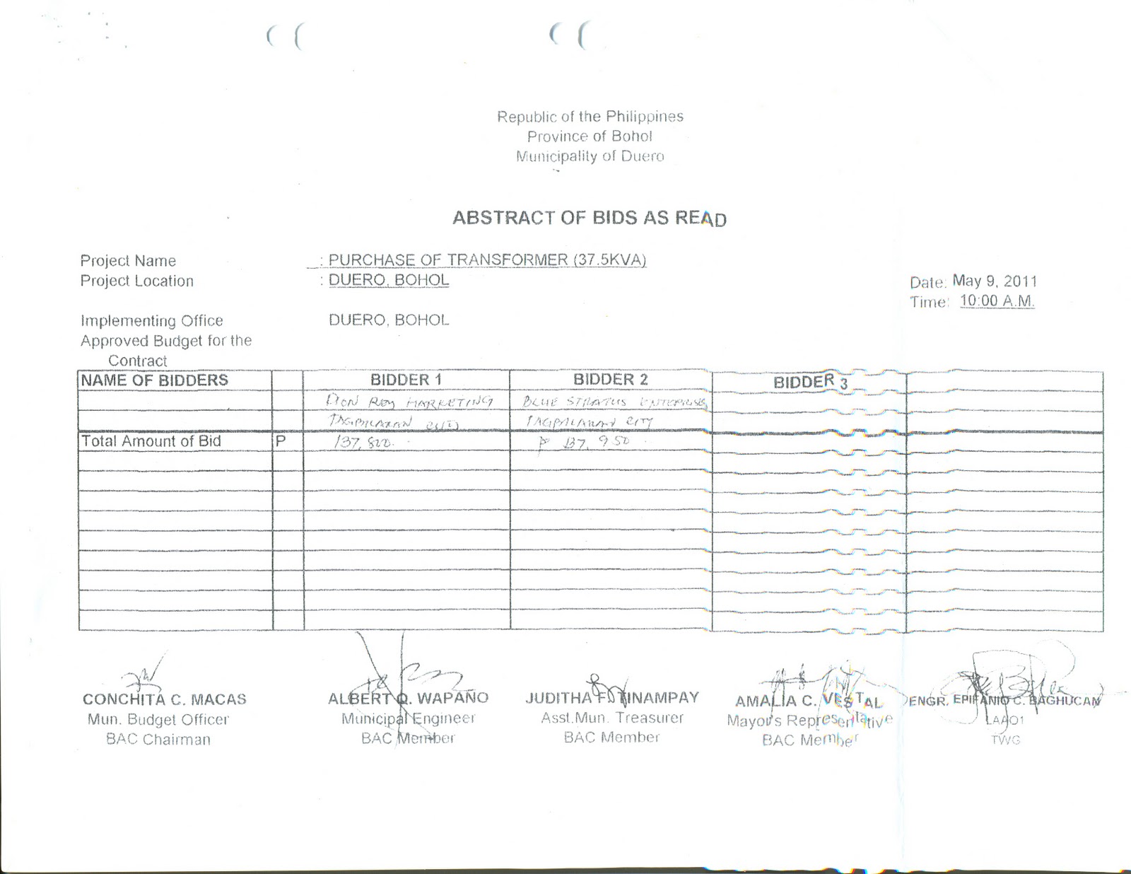 The Municipality of Duero, Bohol: * Abstract of Bids as Read