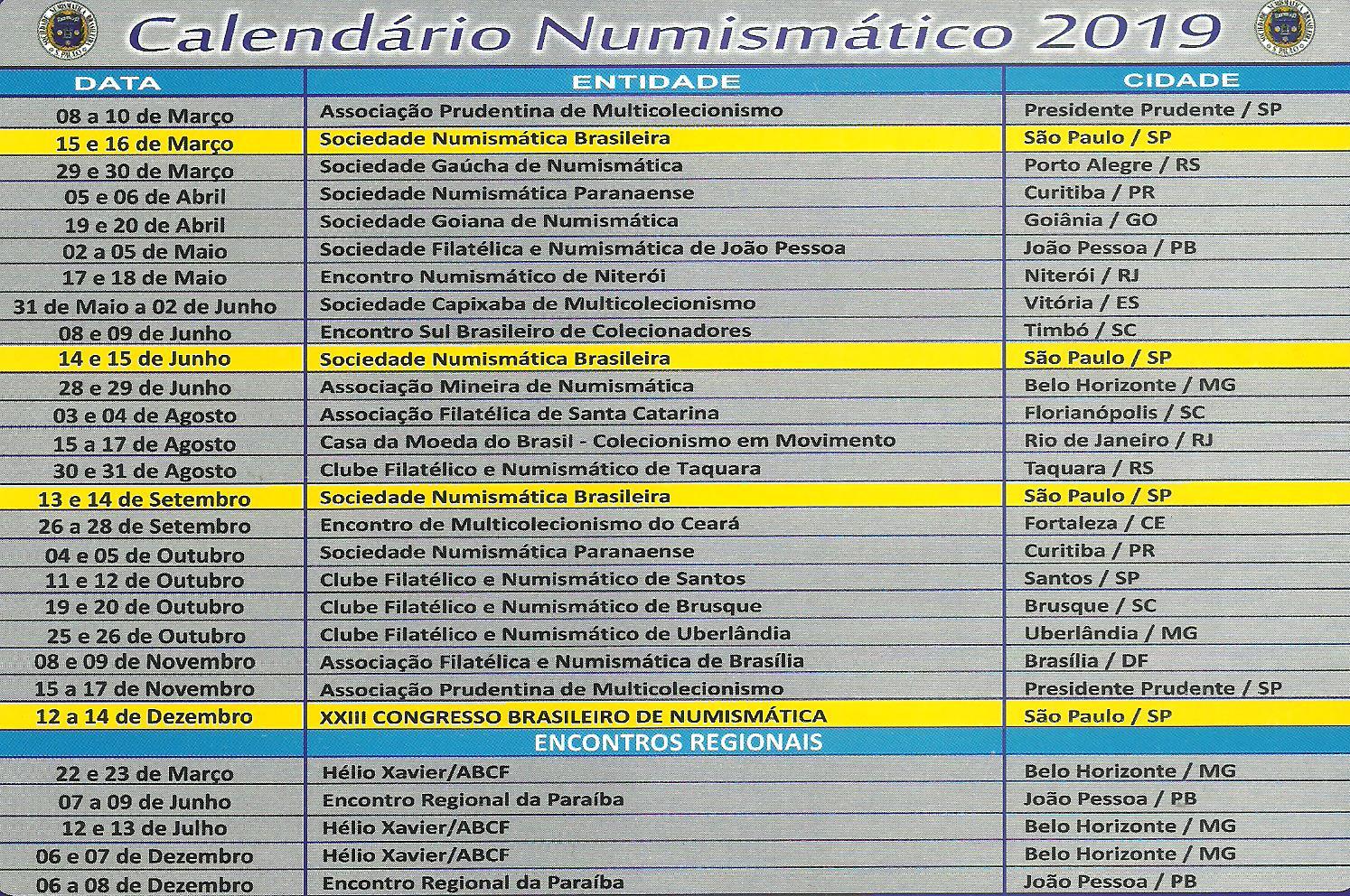 AFNB - Boletim Virtual: Calendário Brasileiro de Numismática - 2019