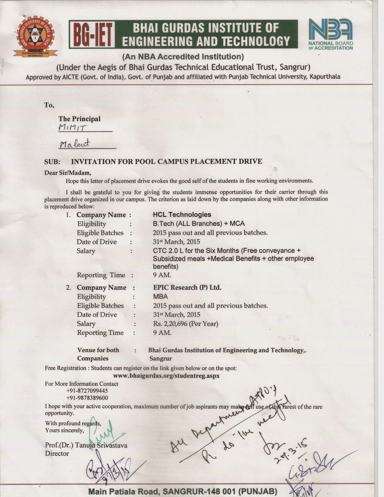 Invitation for Pool Campus Placement Drive Bhai Gurdas Institute of ...