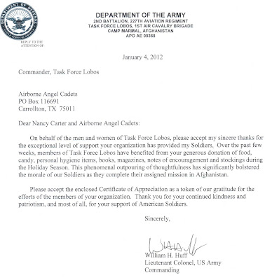 Care Packages for Soldiers: Letter and Certificate from Task Force Lobos