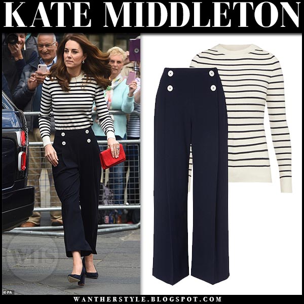 Kate Middleton in striped sweater and navy button detail trousers in ...