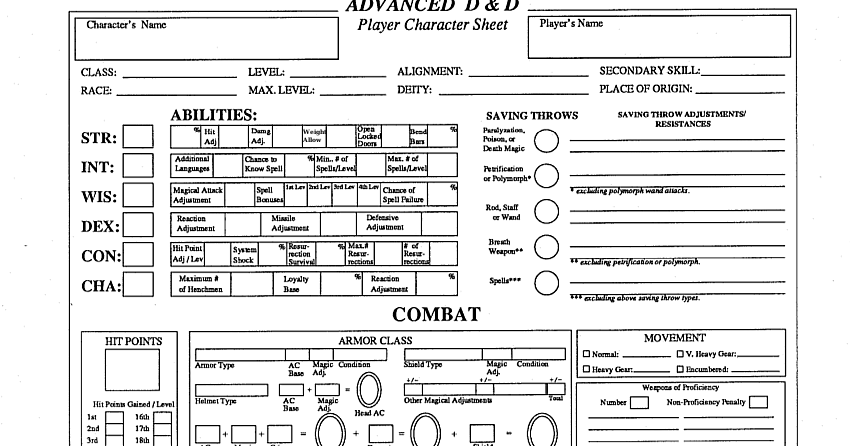 Custom 1st Edition AD&D Character Sheet - Jade Gaming News