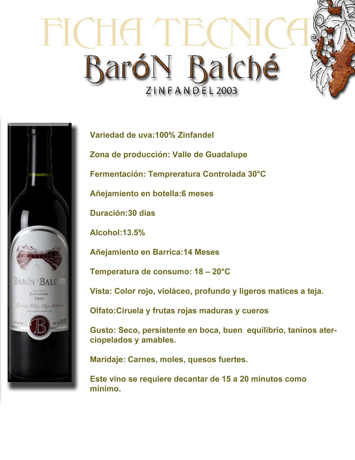 fichas de vinos: ficha tecnica baron balche sinfandel 2003