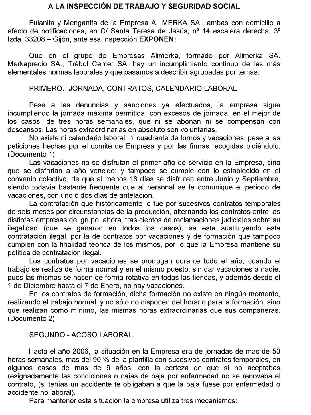 3X1 Alimerka: Denuncia presentada en Inspección de Trabajo y Seguridad ...