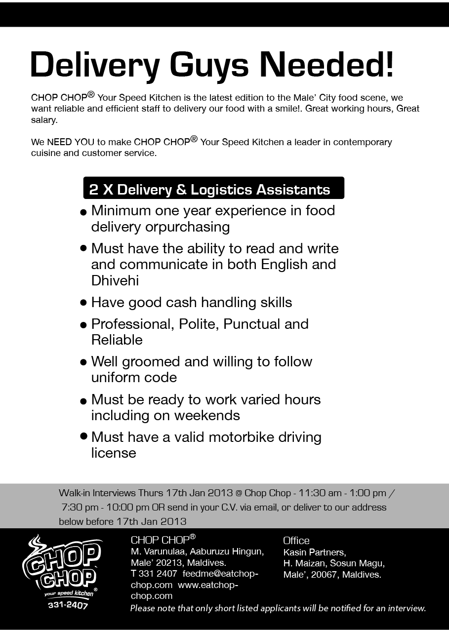 Job Maldives - Fresh Jobs in Maldives: Jobs at Chop Chop