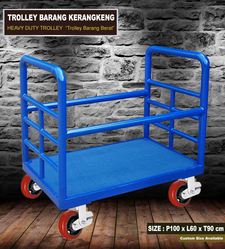 Trolley barang kerangkeng atau tolley besi dengan pagar finishing biru ...
