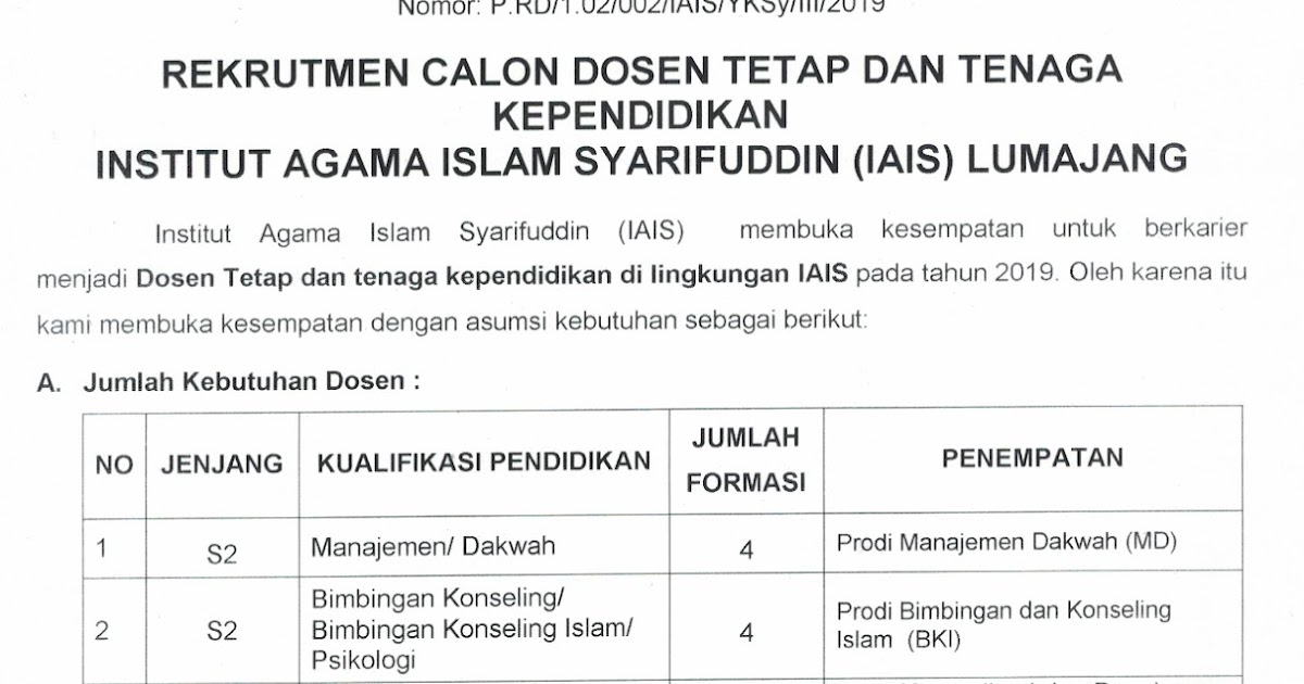 Lowongan Kerja Dosen Tetap dan Tenaga Kependidikan IAIS Lumajang ... Lowongan Kerja Dosen Tetap dan Tenaga Kependidikan IAIS Lumajang ...