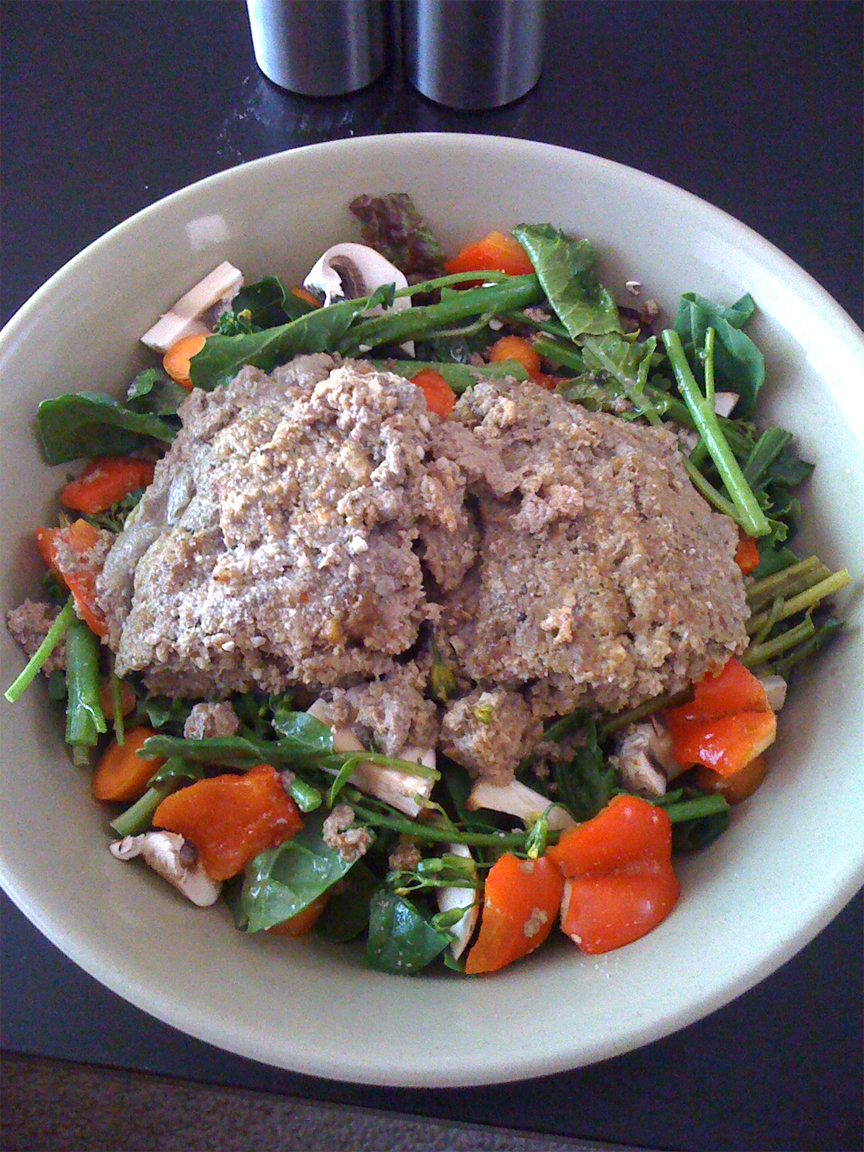 i heart paleo: meatloaf with baby broccoli and raw red bell pepper
